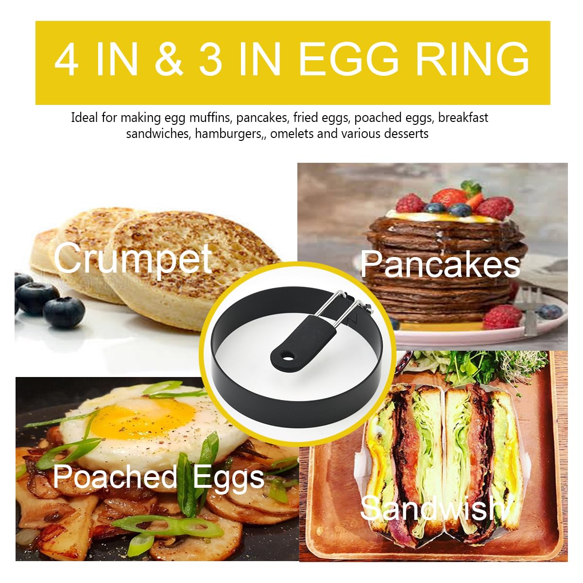 4 Packs Omelet Ring & Pancakes Ring & Egg Ring Set for Griddle,Non-stick Stainless Steel 8" Omelette Ring 6" Pancake Rings 4" Crumpet Ring,3" Egg Ring,Griddle Crepe Ring Egg Maker with Silicone Handle