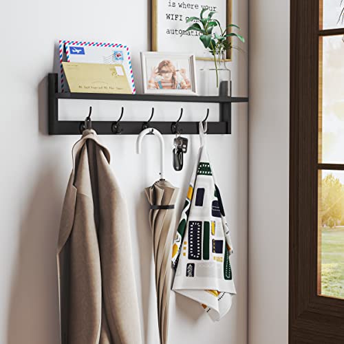 BAMEOS Wall Hooks with Shelf 28.9 Inch Length Entryway Wall Hanging Shelf Wood Coat Hooks for Wall with Shelf Wall-Mounted Coat Hook Rack with 5 Dual Hooks for Bathroom, Living Room, Bedroom (Black)