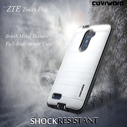 COVRWARE [Iron Tank] case Compatible with ZTE ZMAX PRO/ZTE Carry, with Built-in [Screen Protector] Full-Body Rugged Holster Armor Case [Brushed Metal Texture Design][Belt Clip][Kickstand], White