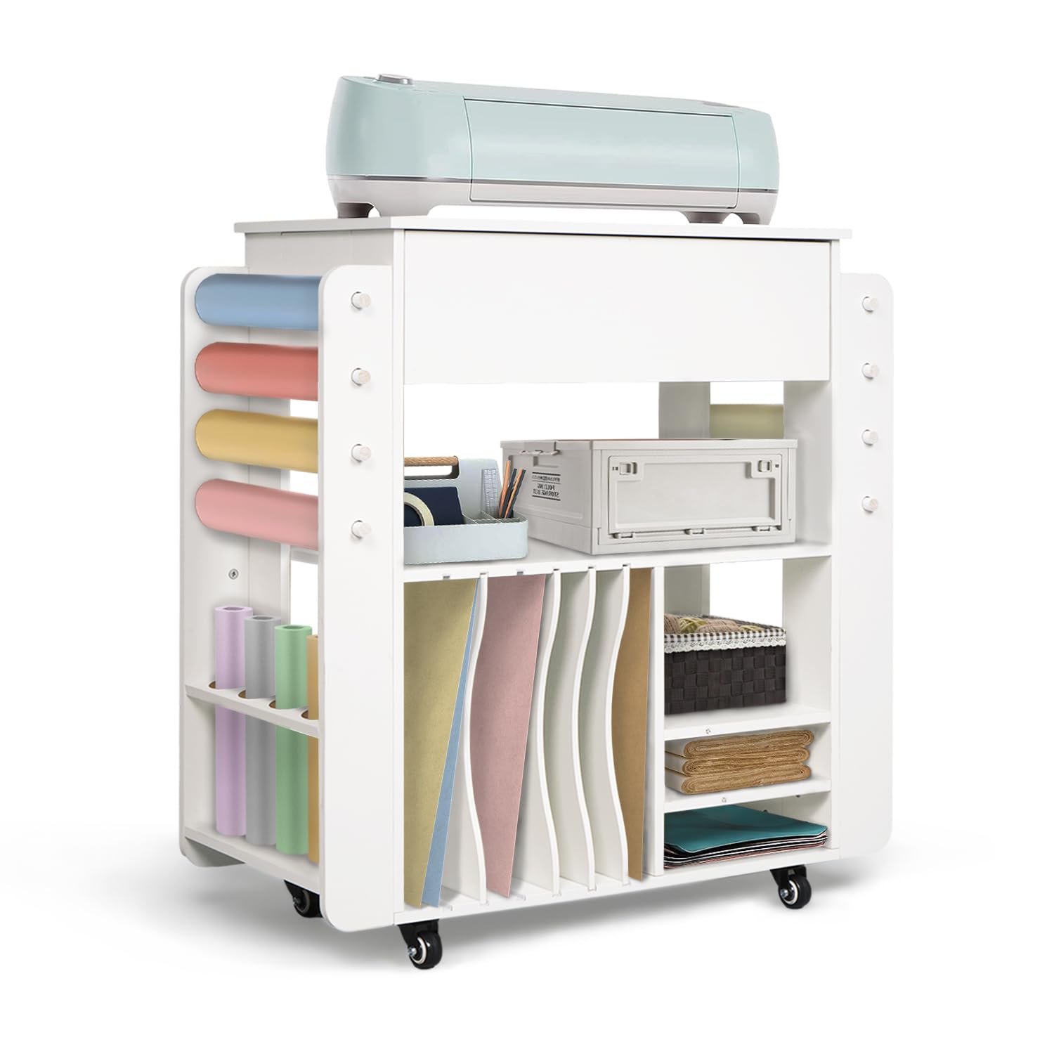foiry Craft Organization and Storage Cart Crafting Cart Cabinet Workstation with Vinyl Roll Holder Compatible with Cricut Machine, Craft Organizer for Craft Room Home 24.3''x14.2''x29.8''