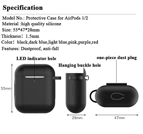 NeotrixQI AirPods Case, Silicone Protective Cover Compatible with Apple AirPods 1/2 Shock Resistant Waterproof AirPods Cover with Carabiner Anti-Lost Strap Front LED Indicator Visible(Black)