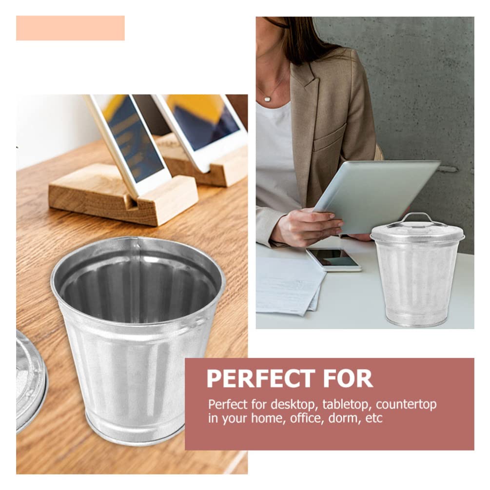 Zerodeko Outdoor 2Pcs Mini Trash Can, Small Galvanized Metal Garbage Can with Lid, Desktop Waste Bin Pencil Holder Cup Decorative Flower Pot Tabletop Decor for Home, Kitchen, Office, Mini