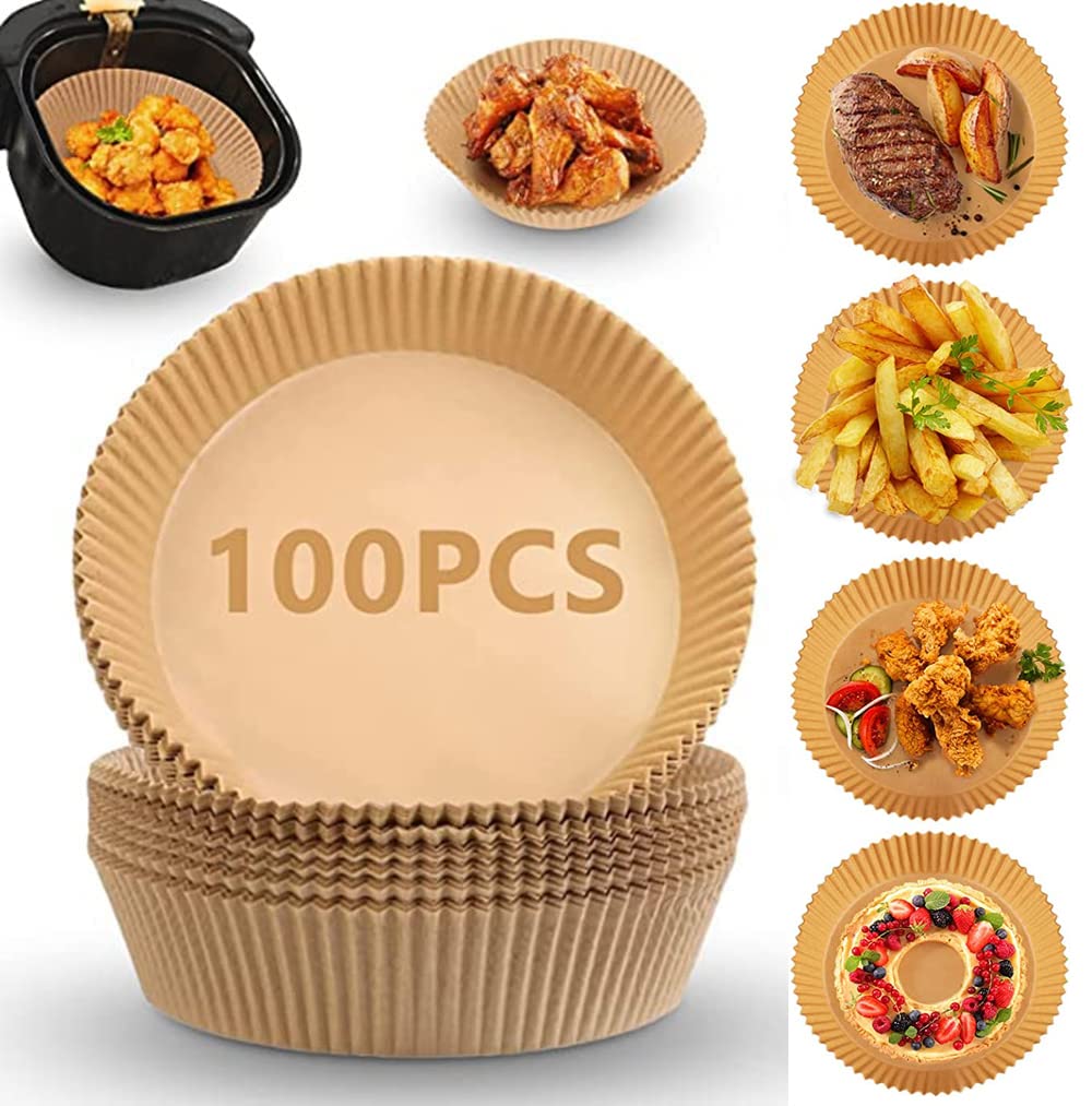 Air Fryer Disposable Paper Liner, 100Pcs Round Non-Stick Air Fryer Parchment Liner, Baking Paper Cooking Paper for Air Fryer, Microwave Oven, Frying Pan, Oil-proof, Water-proof (6.3 inch)