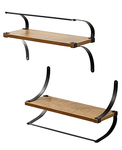 AMADA HOMEFURNISHING Floating Shelves Wall Mounted, Wall Shelves for Bathroom, Bedroom, Kitchen, Living Room, Bathroom Shelf with Towel Bar, Set of 2, Rustic Brown - AMFS20N