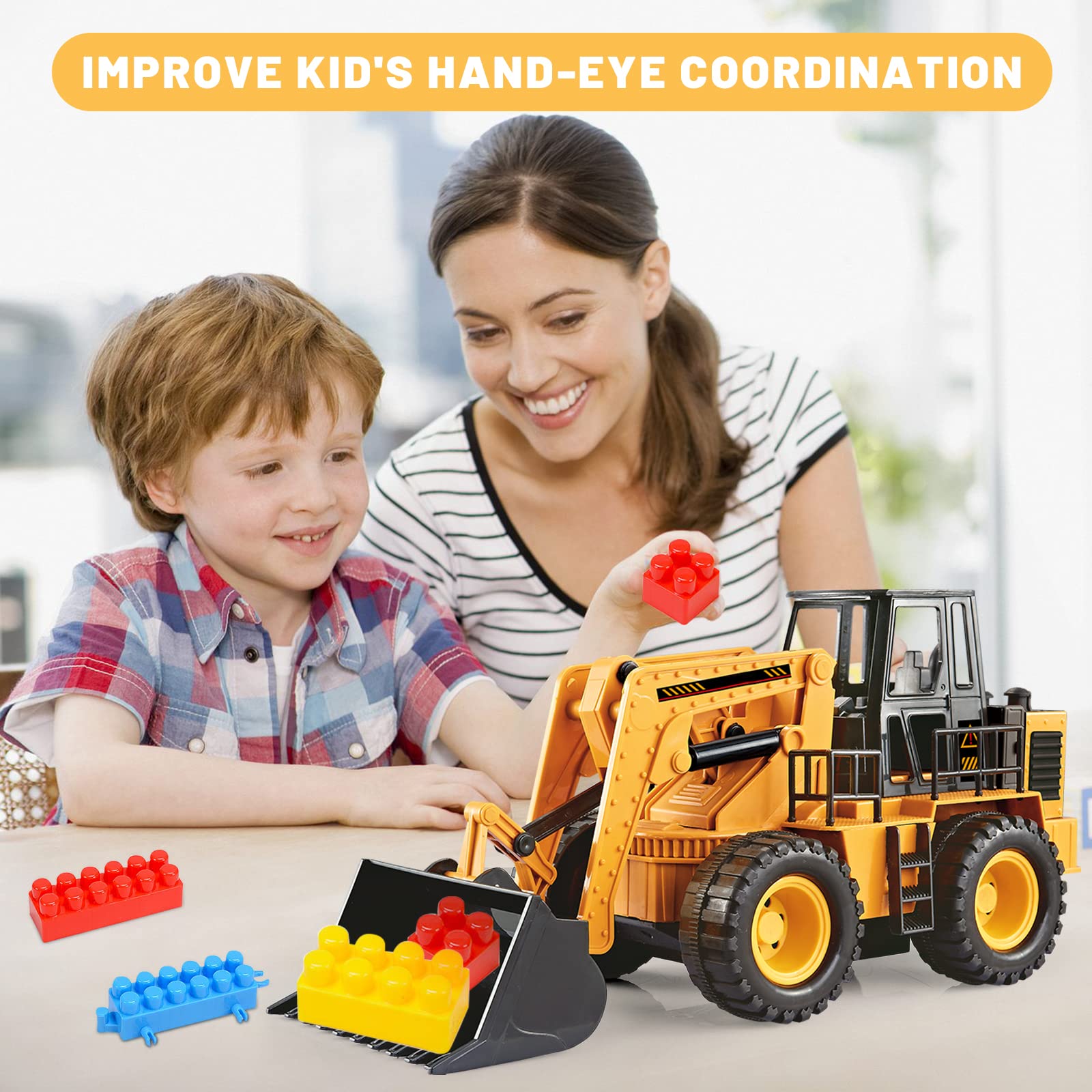 HYG Toys Remote Control Bulldozer, 1/24 Scale Front Loader Construction Vehicles Tractor for Boys,Construction Vehicles 9 Channel Tractor Excavator Toy