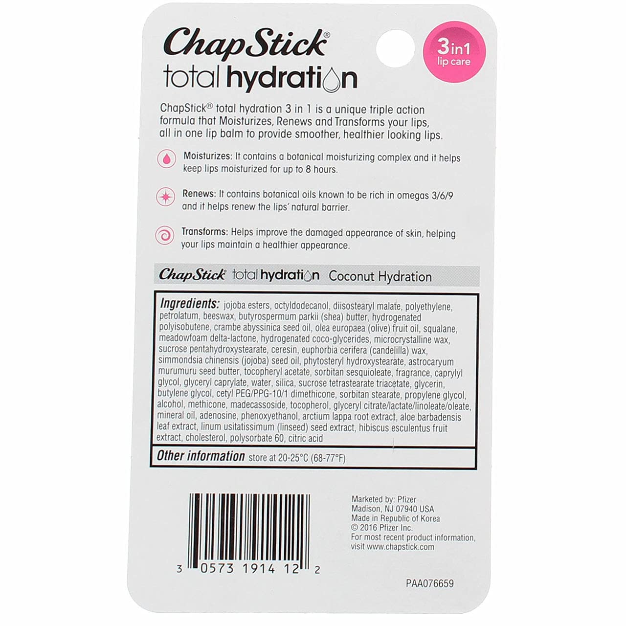 ChapStick Total Hydration 3-in-1 Lip Care Coconut Hydration 0.12 oz (Pack of 6)