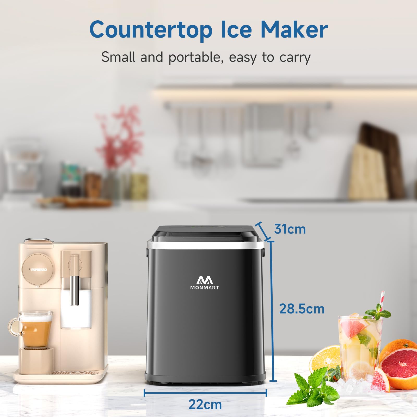 Ice Maker Countertop, Portable Ice Maker Machine with Handle, 26.5lbs/24Hrs, 8 Cubes in 6 Mins, Self-Cleaning Ice Makers for Home/Kitchen/Office/Bar