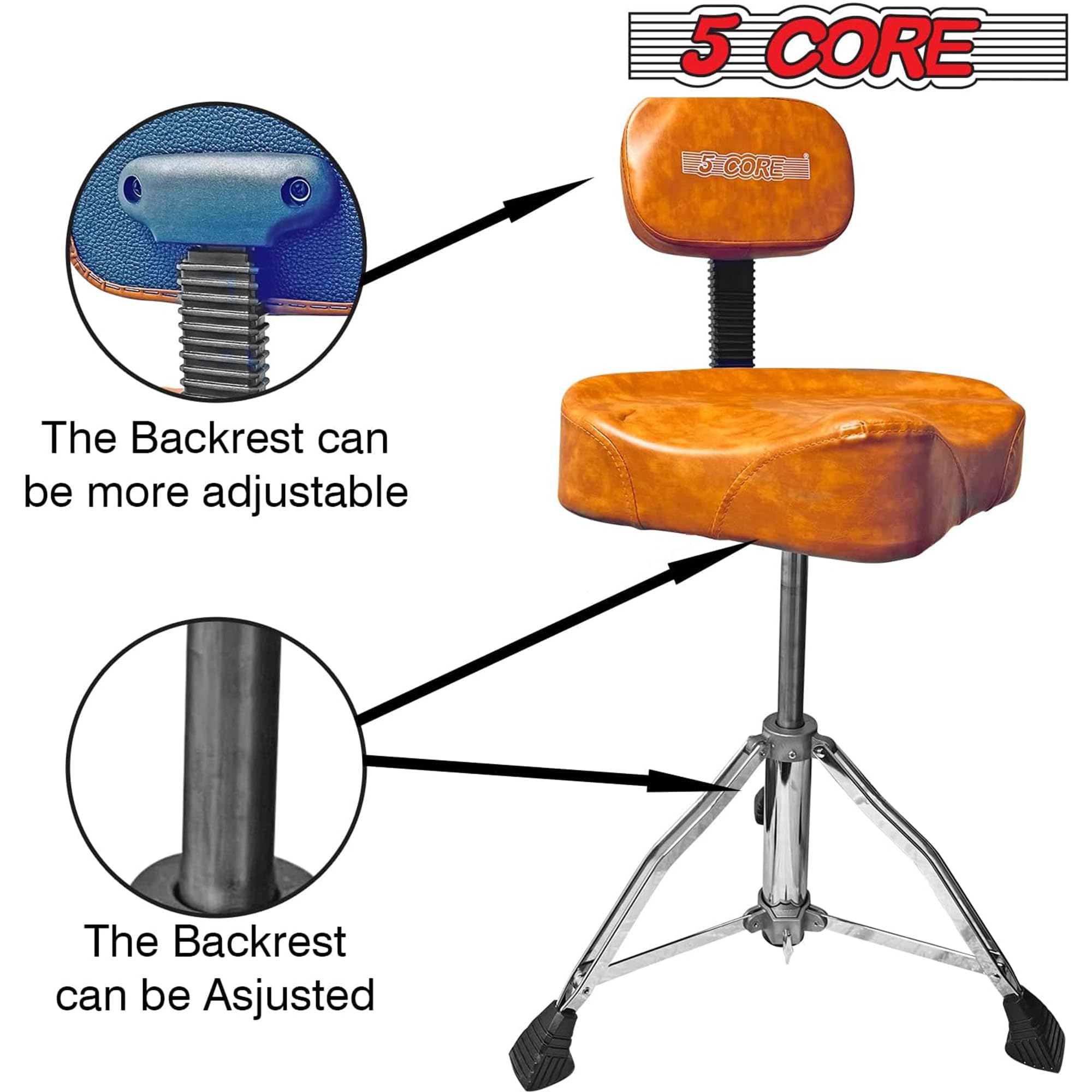 5 CORE Drum Throne with Backrest Adjustable Guitar Chair Thick Memory Foam Saddle Seat Removable Motorcycle Style Drum Stool Tripod for Adult Drummers for Piano Guitar Cello Players DS CH BR Rest