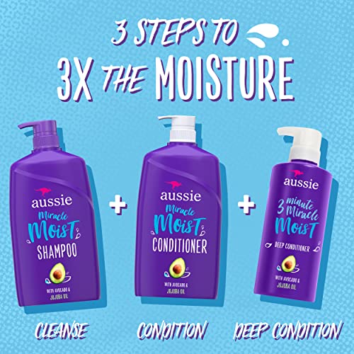 Aussie Miracle Moist Shampoo, and 3 Minute Miracle Deep Conditioner Hair Treatment Bundle, Infused with Avocado & Australian Jojoba Oil, Paraben Free, White, Citrus, 3 Piece Set