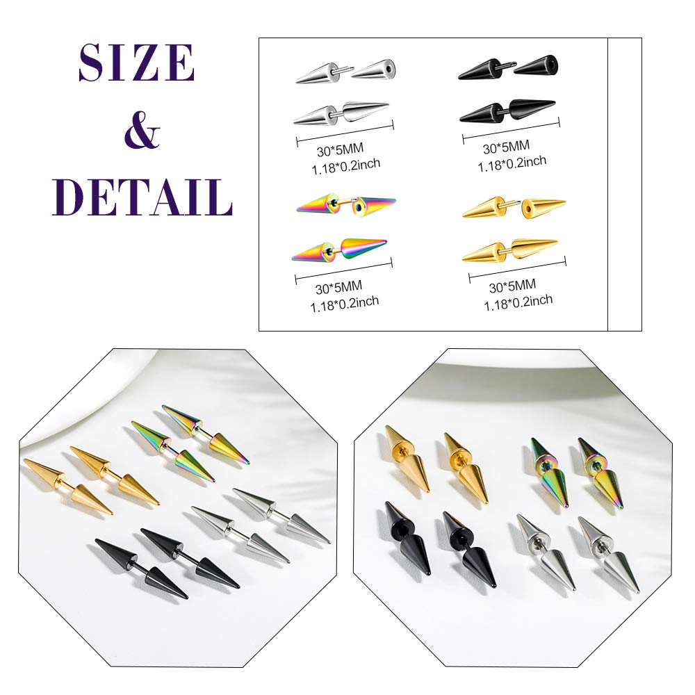 4 Pairs 16G Barbell Earrings Cartilage Triple Forward Helix Stud Anti Tragus Lobe Rook Piercing Steel Bars 12mm Spike