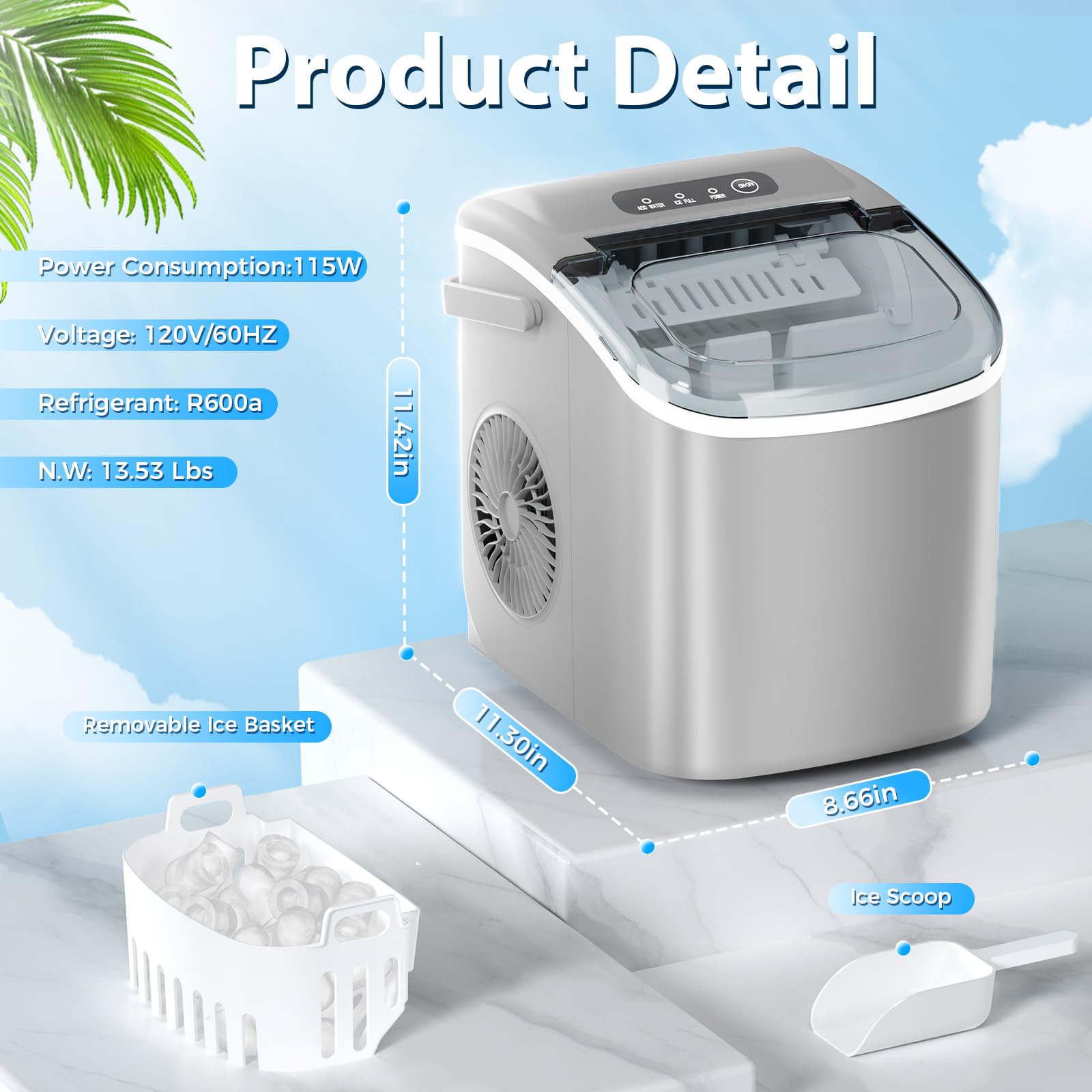 Antarctic Star Countertop Ice Maker,Portable Ice Makers with Self-Cleaning, Bullet Ice Machine, 26Lbs/24H, 9 Ice Cubes Ready in 6 Mins for Kitchen Bar Party RV, Grey