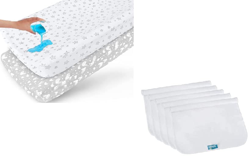 5 Count Changing Pad Liner, Waterproof Larger Changing Pad Cover 28" X 15", Cotton Flannel (Solid Improved Thickness) / Waterproof Changing Pad Cover 2 Pack Cotton, White Grey Star Print