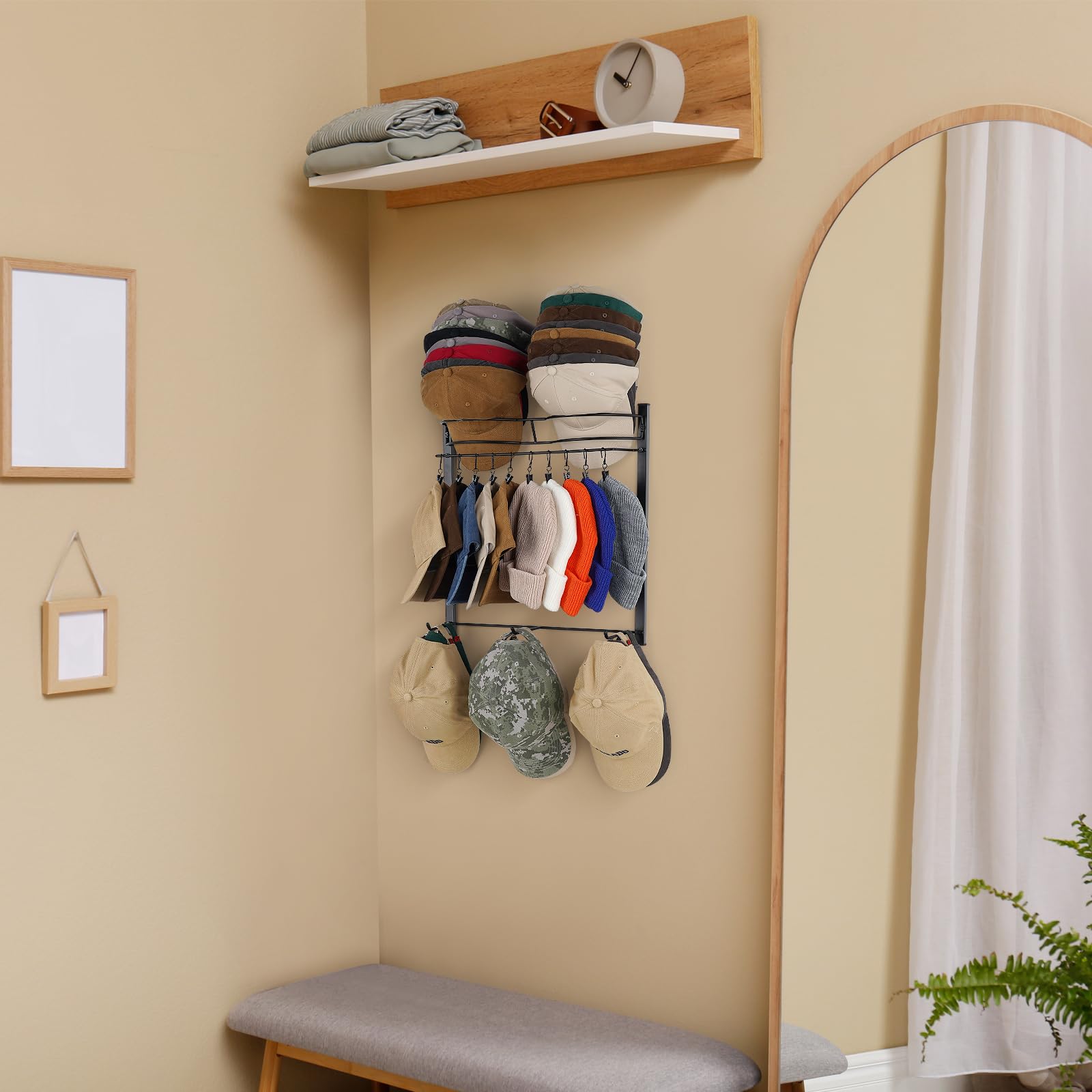 HYDERMUS Hat Rack for 45 Baseball Caps with 10 Clips 3 Tier Hat Organizer for Wall Multi-functional Hat Hanger Metal Hat Holder at Closet Bedroom Entryway Gift for Men Boy Teen