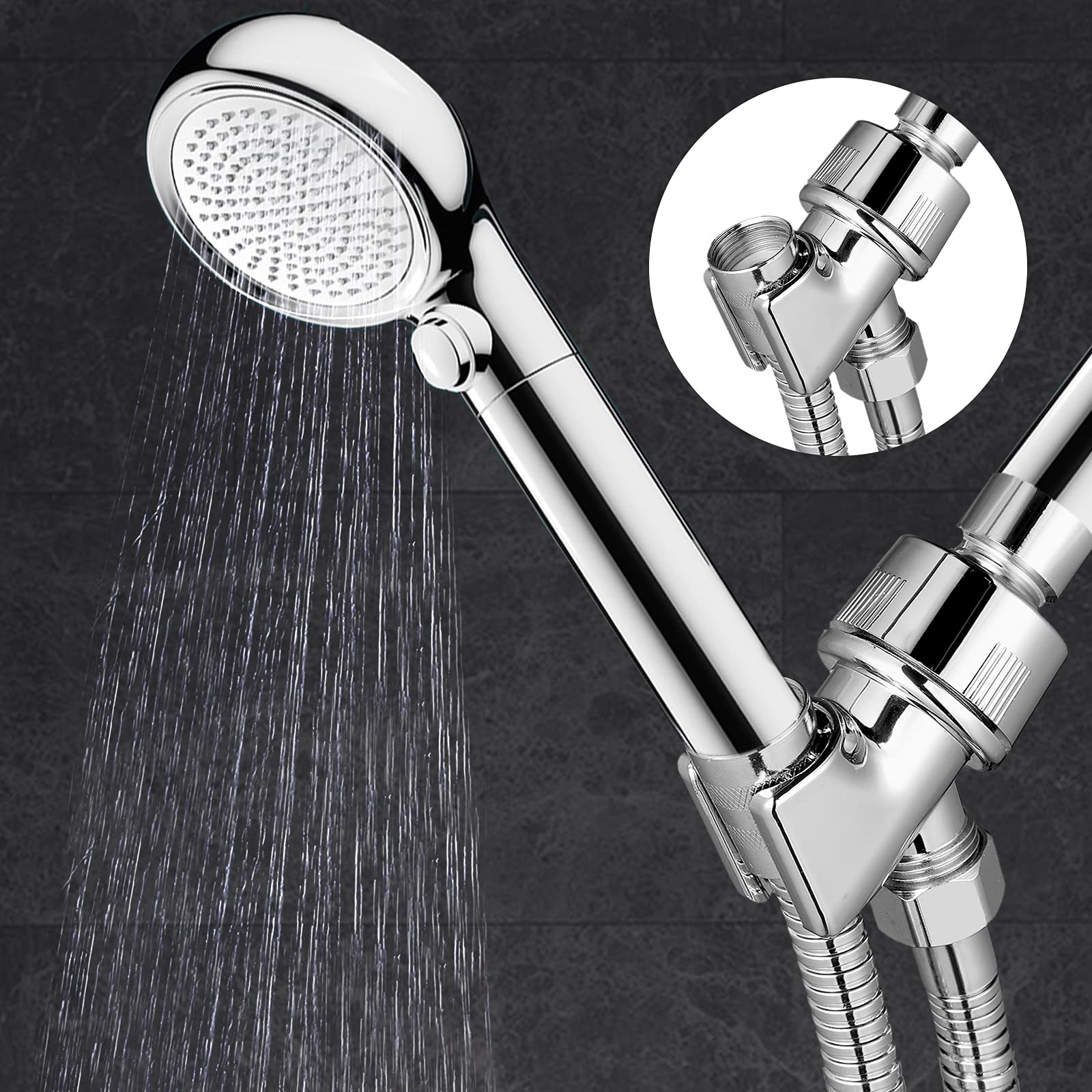 Adjustable Shower Arm Mount & Stainless Steel Shower Hose,Handheld Shower Arm Holder,Flexible Showerhead Hose Replacement,Shower Arm Bracket,Chrome Shower Head Holder with Swivel Brass Ball,Chrome