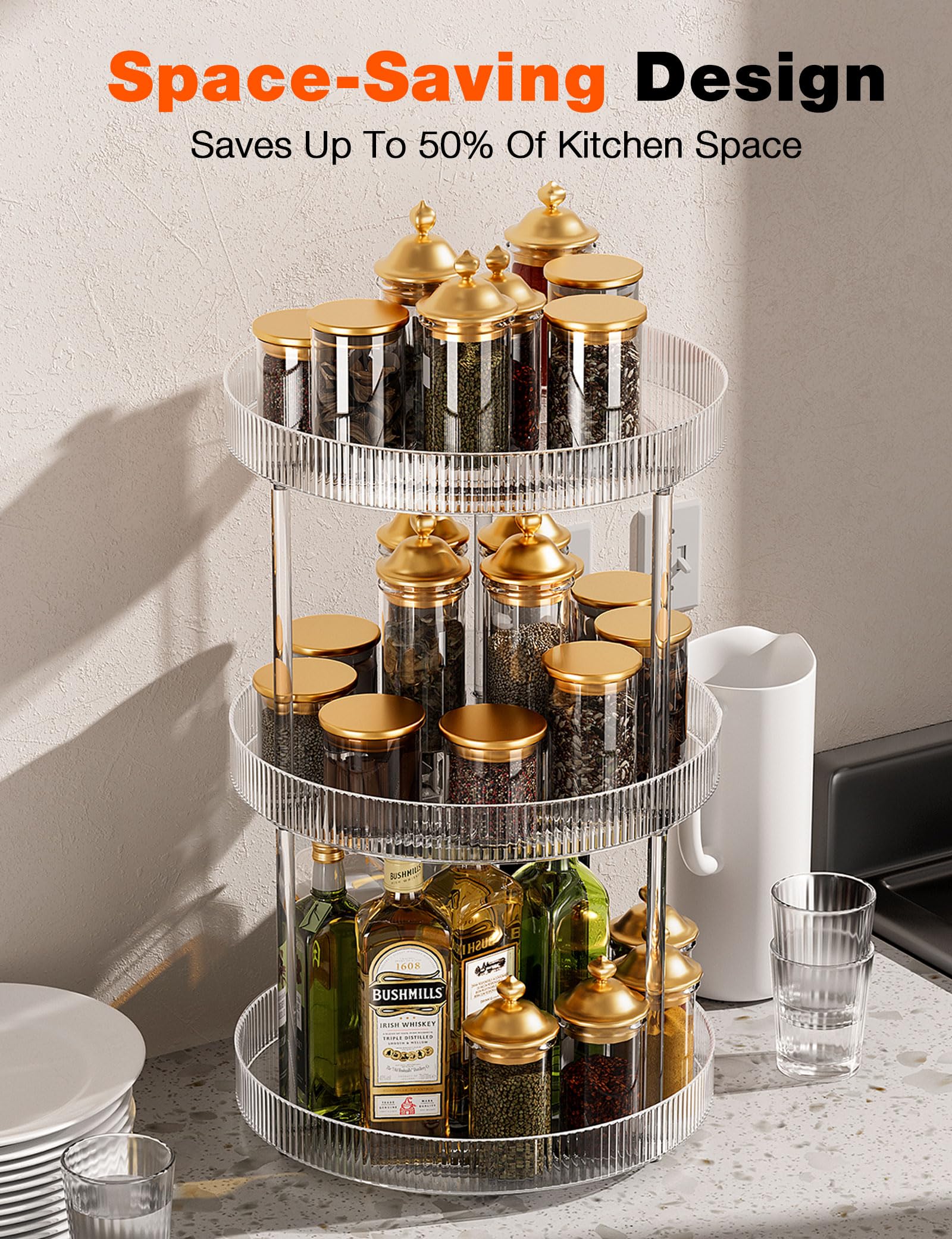 360° Clear Rotating Storage Tray, 3 Tier Lazy Susan Bathroom Countertop Organizer, Cosmetics and Perfume Organizer, Spinning Storage Tray Vanity Organizer Shelf for Bathroom Cabinet, Kitchen(Large)