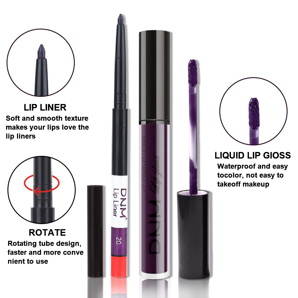 AMY'S DIARY 2Pcs Dark Purple Lip Liner and Lipstick Matte Makeup Set,Darkest Eggplant Plum Lipstick 24H with Lip Liner Set Matt Liquid Long Lasting Mate Dark Plum Dark Berry Lipstick (#20)