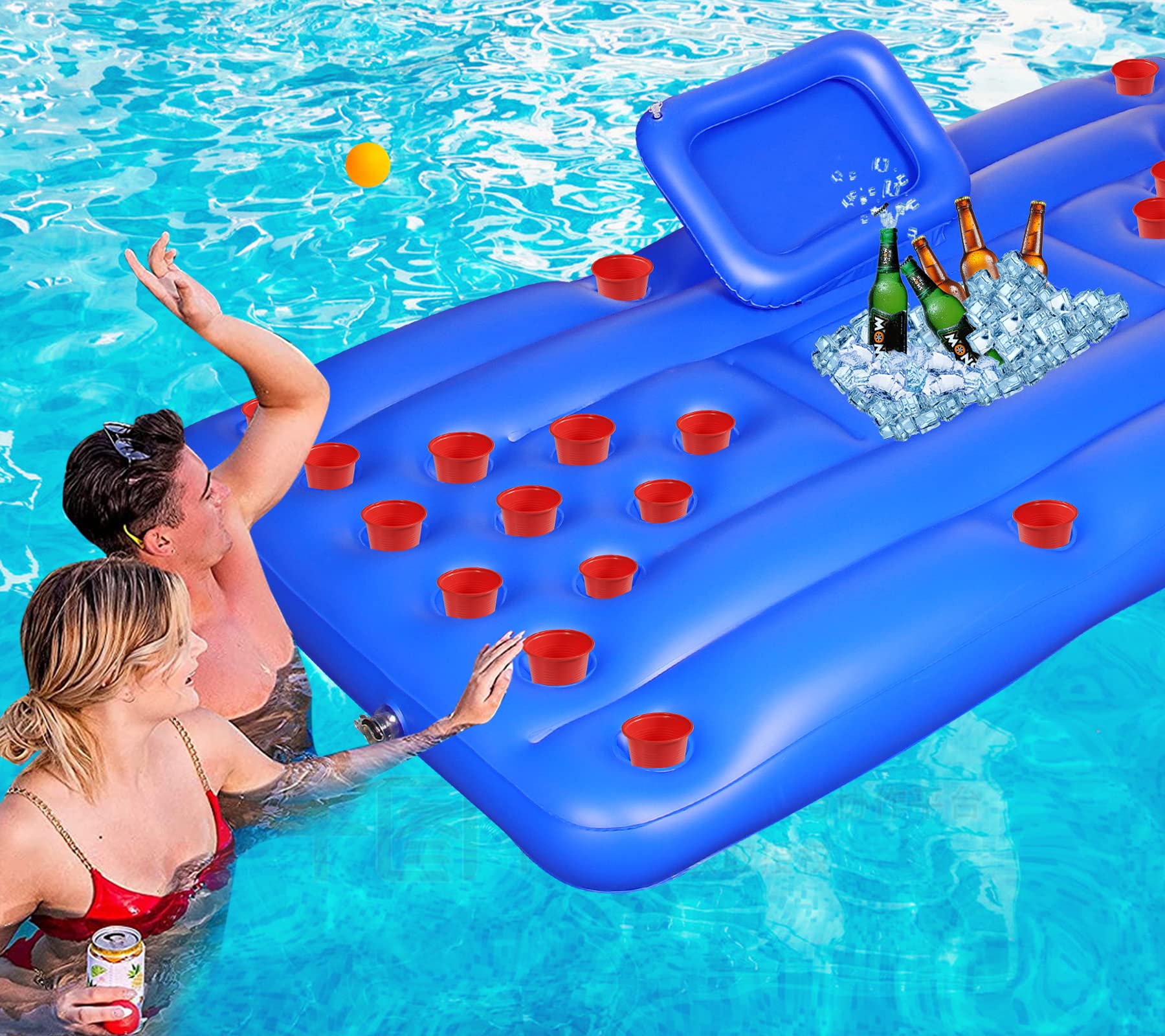 6 Feet Floating Beer Pong Table 28 Cup Holders Inflatable Beer Pong Pool Games Float for Summer Party Pool Float, Cooler, Pool Party Lounge Raft for Adults (Blue)