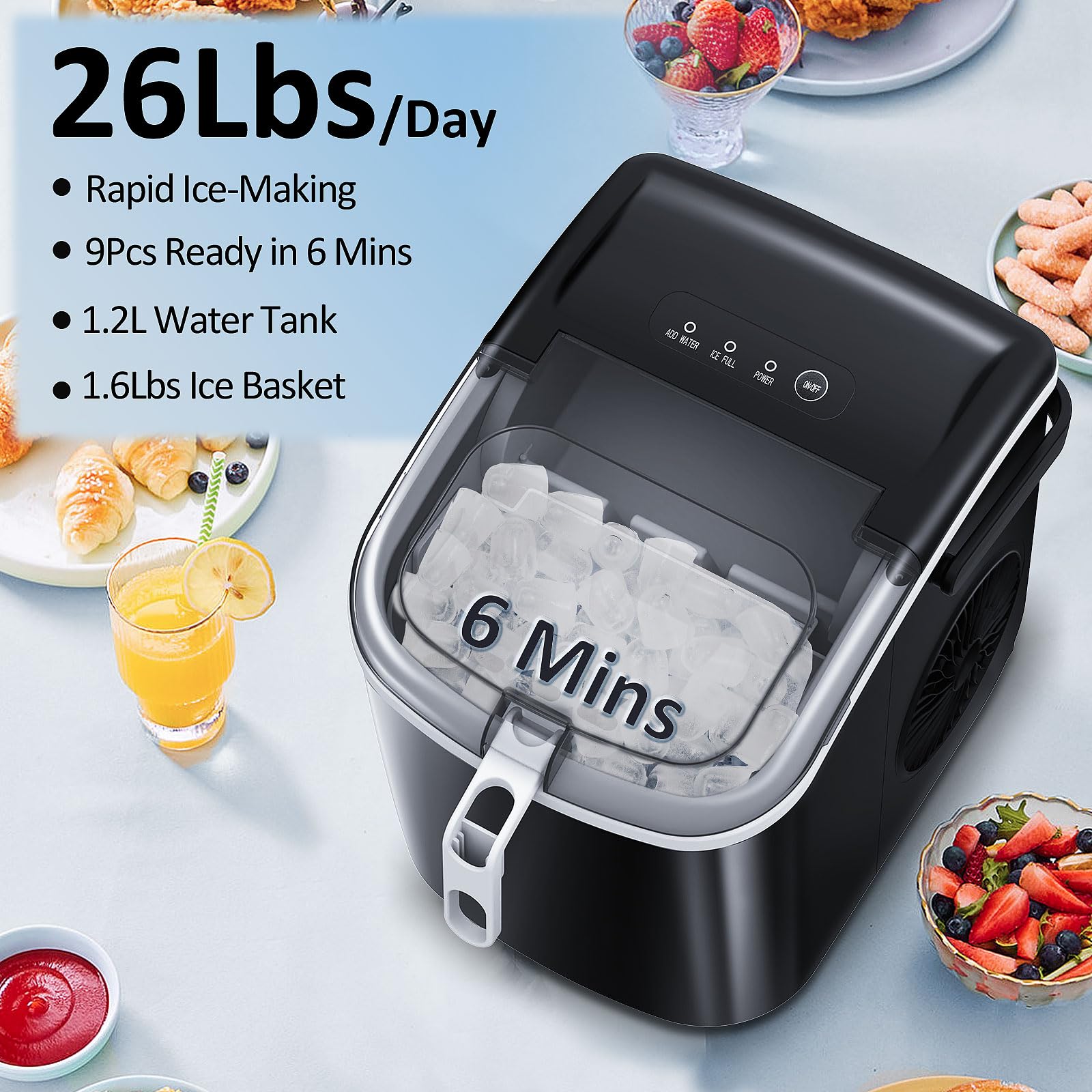 Antarctic Star Countertop Ice Maker Portable Ice Machine, Basket Handle,Self-Cleaning Ice Makers, 26Lbs/24H, 9 Ice Cubes Ready in 6 Mins, S/L ice, for Home Kitchen Bar Party (Black)