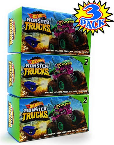Hot Wheels Monster Trucks Mini Mystery Trucks with Key Launcher (Assorted Series) Blind Box Gift Set Party Bundle - 3 Pack