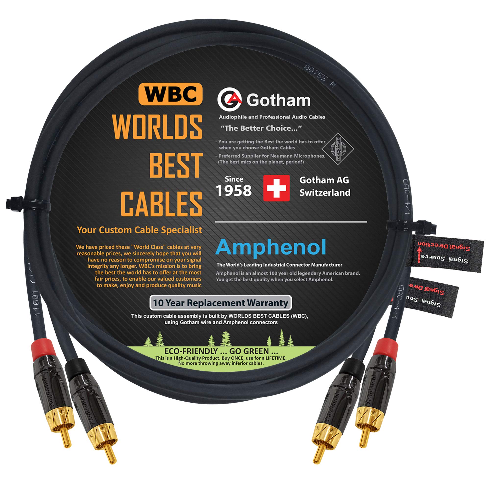 4.5 Foot RCA Cable Pair - Gotham GAC-4/1 (Black) Star-Quad Audio Interconnect Cable with Amphenol ACPL Black Chrome Body, Gold Plated RCA Connectors - Directional