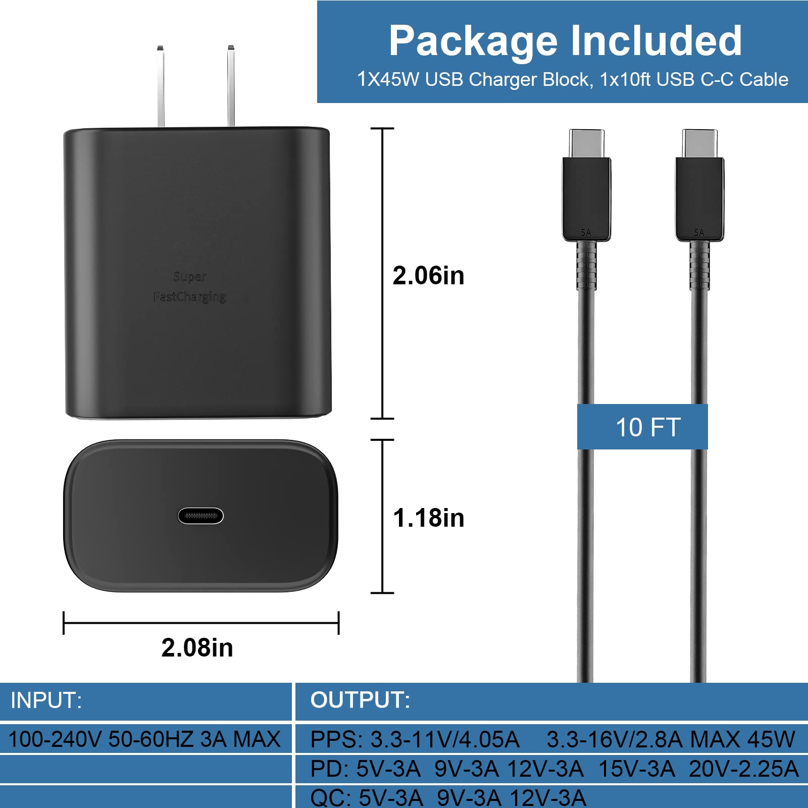 45W Super Fast USB C Wall Charger with 10ft Type C Long Fast Charging Cable for Galaxy S23 Ultra/S23/S22 Ultra/S22 Plus/S22/S21 Ultra/S21+/S20 Ultra/Note 20/Note 10+, Galaxy Tab