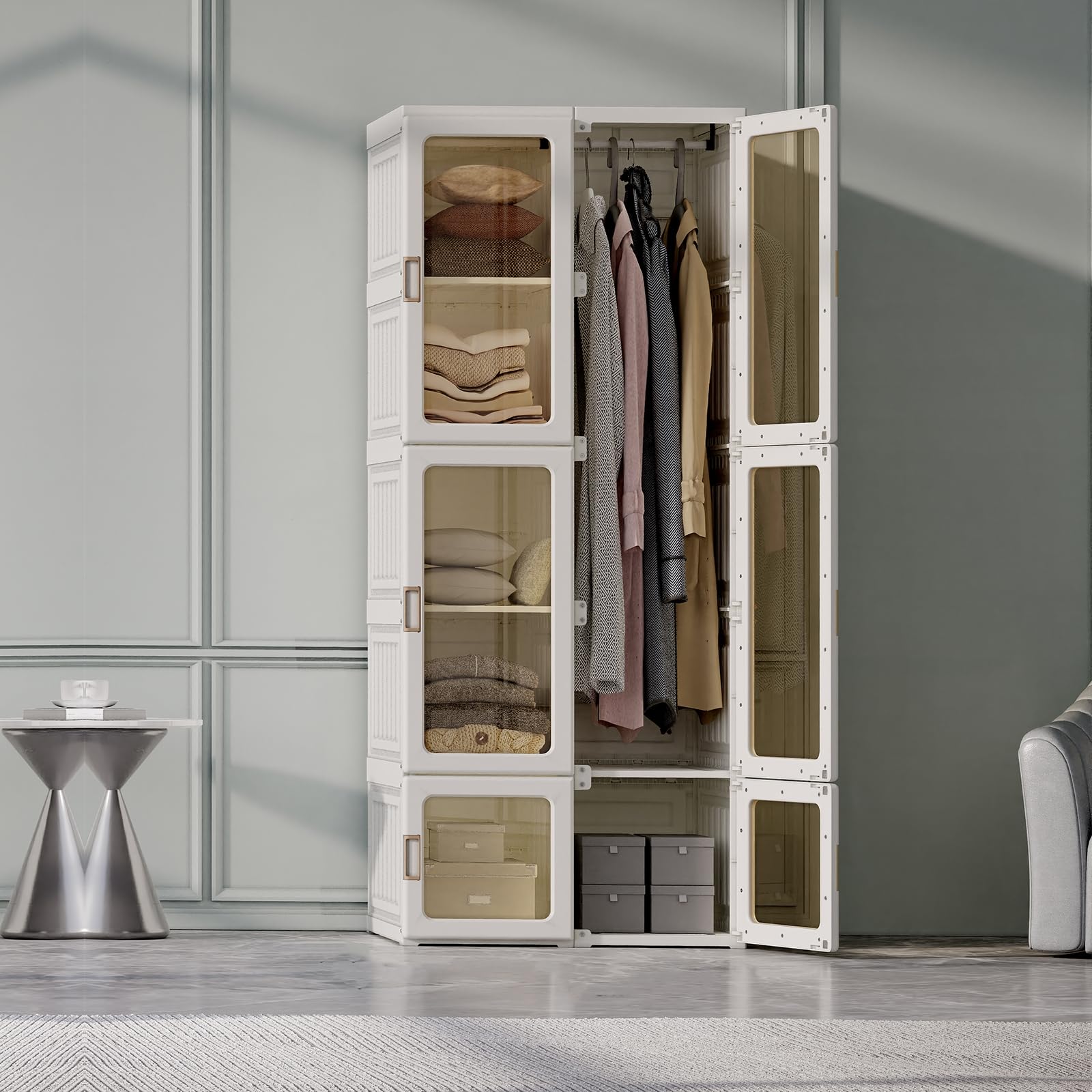 ANTBOX Portable Wardrobe Closet Storage Organizer for Clothes,Transparent Door Panels,Suitable for Living Room, Bedroom,Plastic Wardrobe with Magnetic Door and Easy Assembly 6 Cubes & 2 Hanging Rod