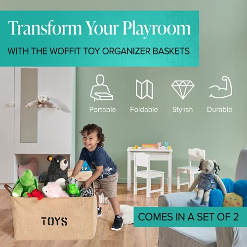 Woffit Toy Organizer Baskets - Set of 2 Collapsible Kids Toy Boxes w/Leather Handles - Living Room, Nursery and Playroom Storage & Organization, Beige