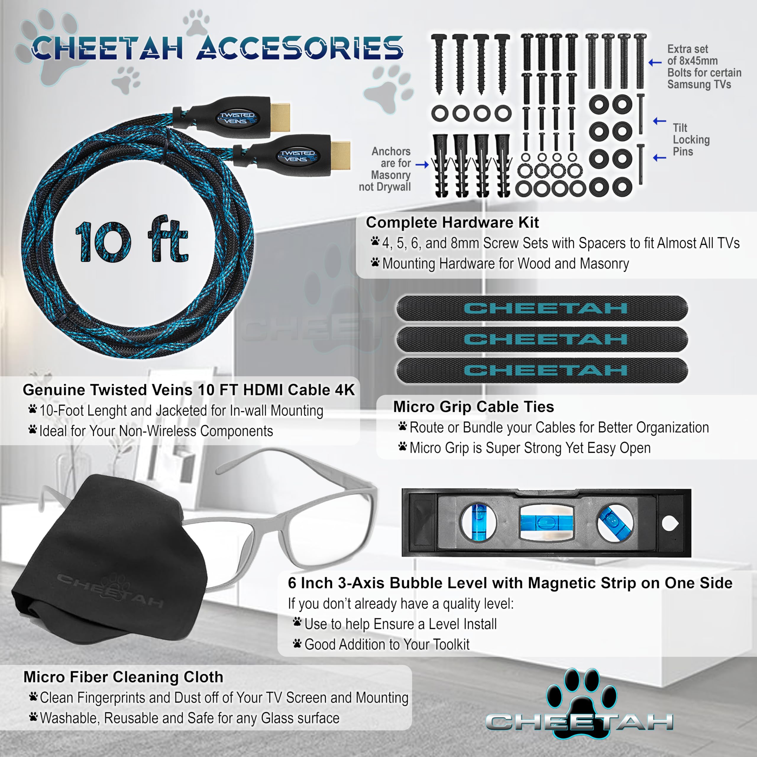 Cheetah APTMMB TV Wall Mount for 20-80" TVs (Some up to 90”) up to VESA 730 and 165lbs, and fits 16” and 24” Wall Studs, and Includes a Tilt TV Bracket, a 10' Twisted Veins HDMI Cable and a 6" 3-Axis