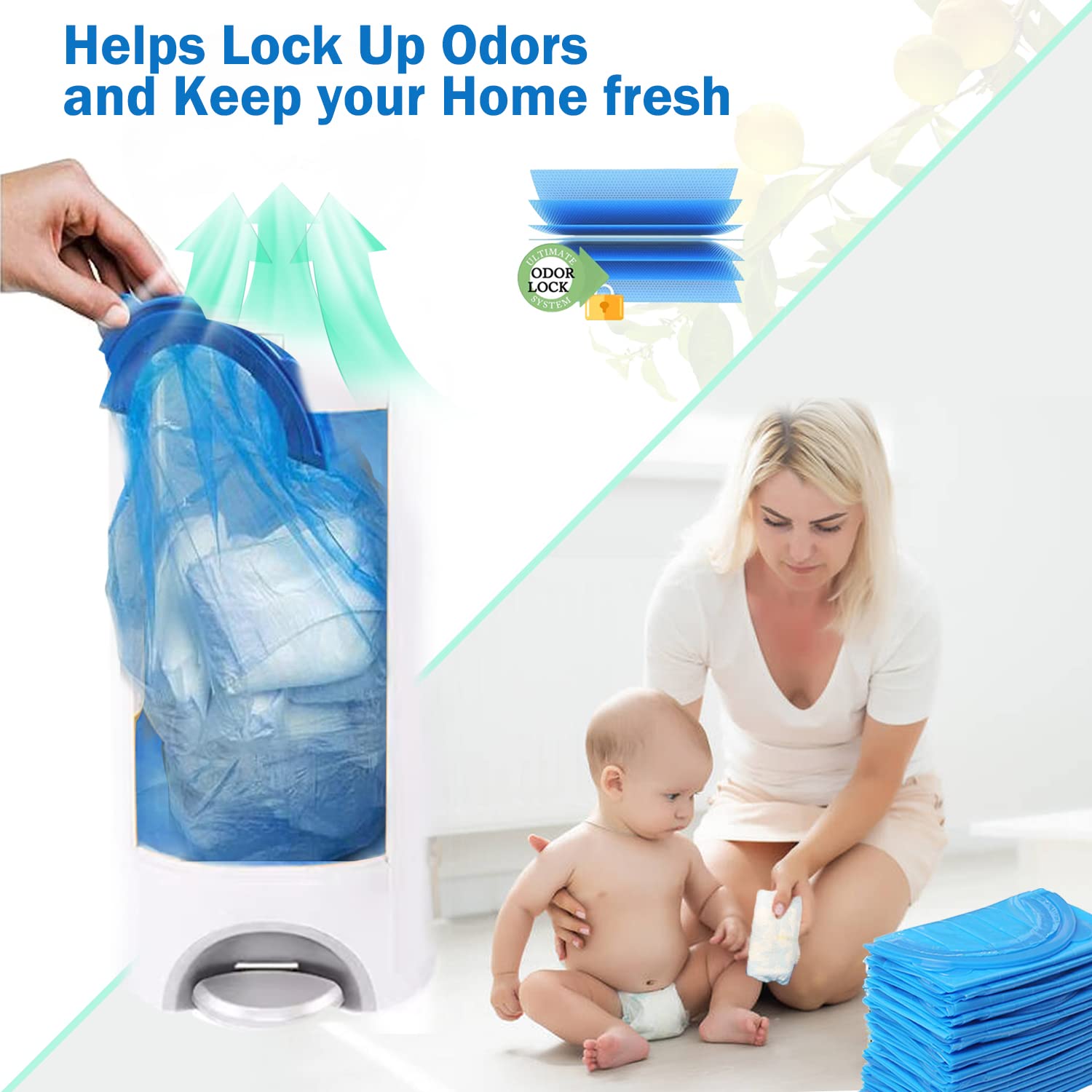 Baby Diaper Pail Refill Bags,100% Lock Odor (34 Bags) True Value Pack Fully Compatible with Arm&Hammer Disposal System,Seal and Toss Refill Bags
