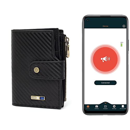 Anti-Lost Bluetooth Wallet Tracker Finder Slim Trifold Cowhide Trackerable Mens Leather Wallet with GPS Position Locator Gift Zipper Coin Pocket