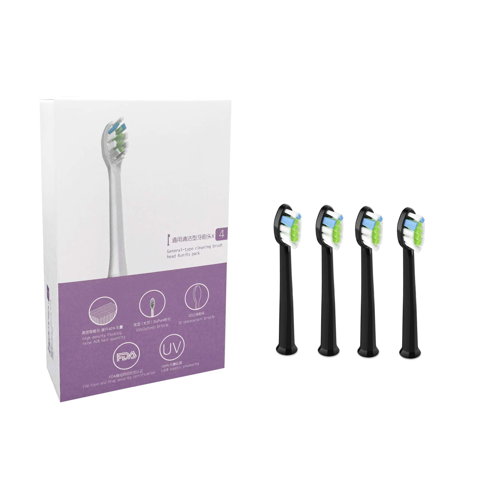 Hanasco Sonic Electric Toothbrush Replacement Heads Pack of 4 (Black)