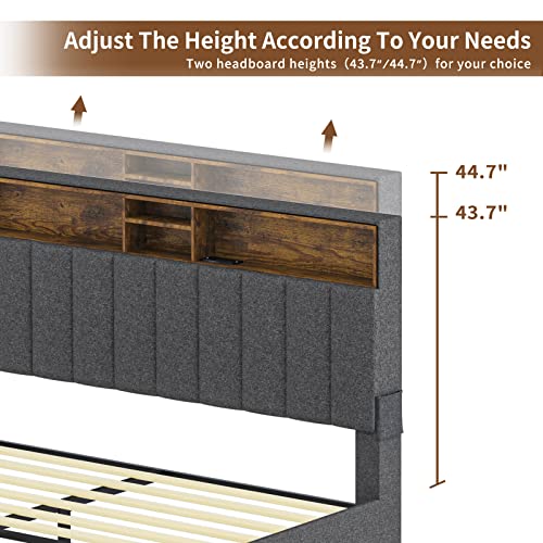 ADORNEVE Full Size Bed Frame with Outlet and USB Ports, Modern Upholstered Platform Bed with Storage Headboard & Height Adjustable, No Box Spring Needed, Dark Grey