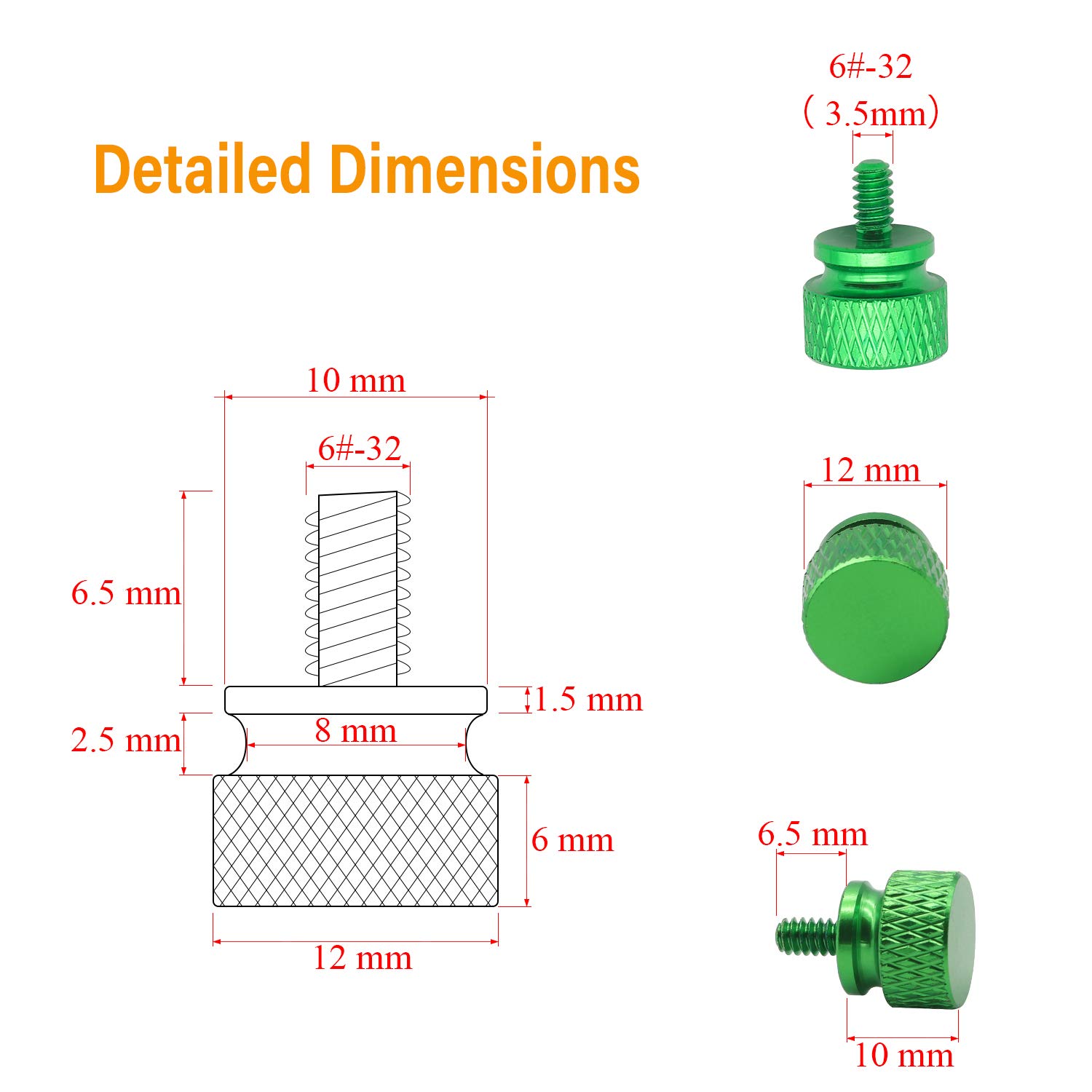 Powlankou 20 Pieces 6#-32 Computer Case Screws, Anodized Aluminum Thumbscrews, Fully Threaded Knurled Thumbscrews, Thumb Screws (Green)