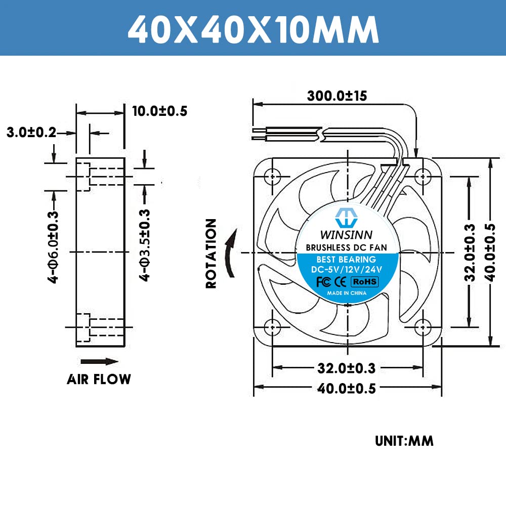 WINSINN 40mm Fan 5V, 3D Printer Micro 5 Volt Fans 4010 Hydraulic Bearing, Brushless Cooling 40mmx10mm 2PIN (Pack of 5Pcs)