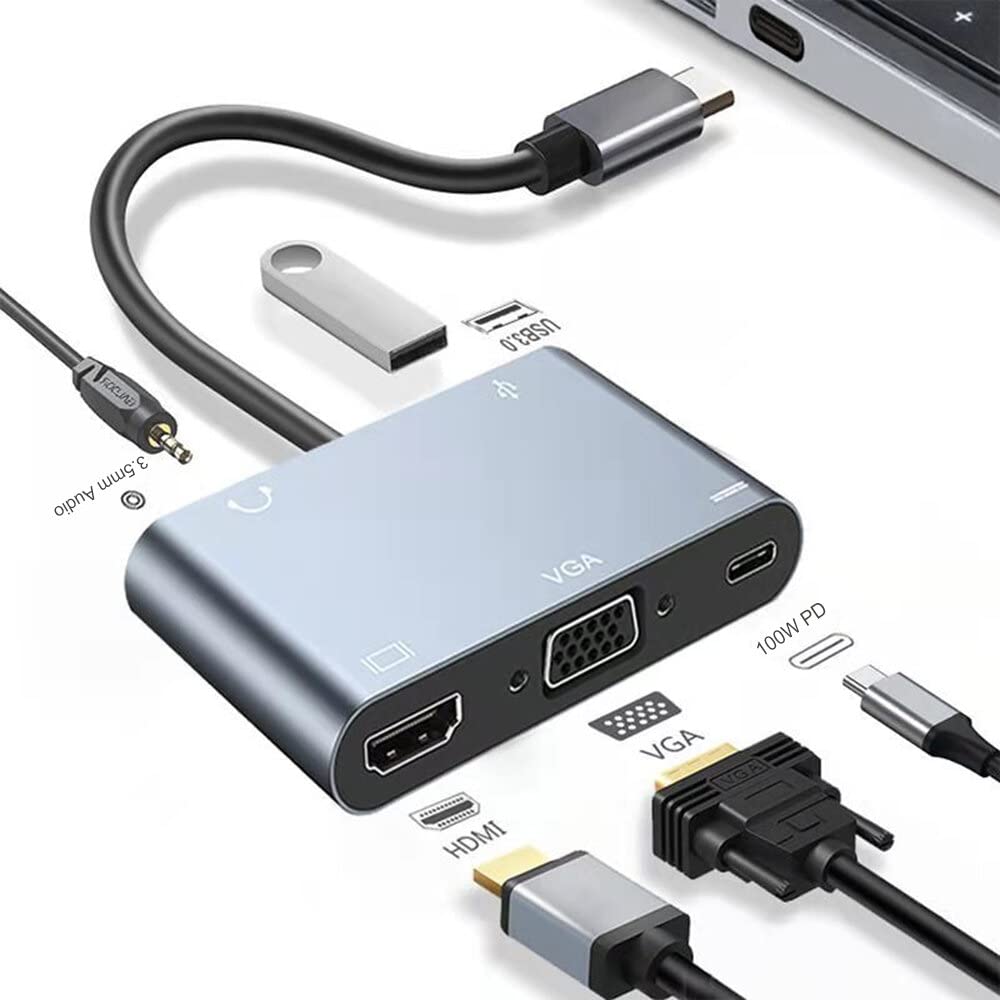 5 in 1 Type-C Docking Station USB-C Hub Adapter with USB3.0 USB-C PD 100W 4K HDMI-Compatible 1080P VGA 3.5mm Audio for PC Computer Laptop BYL-2002