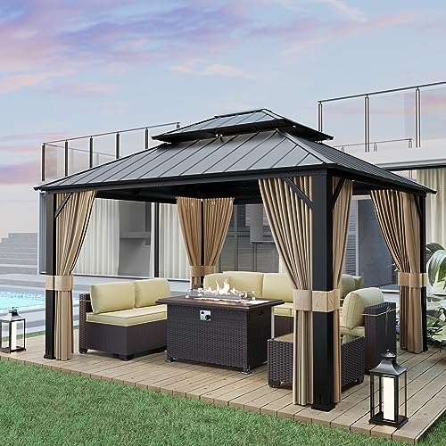 ASJMR 12x14ft Hardtop Gazebo Double Roof, Outdoor Pavilion with 2-Layer Hard top Galvanized Iron Frame Garden Tent, Suitable for courtyards, backyards, Decks, and Grass