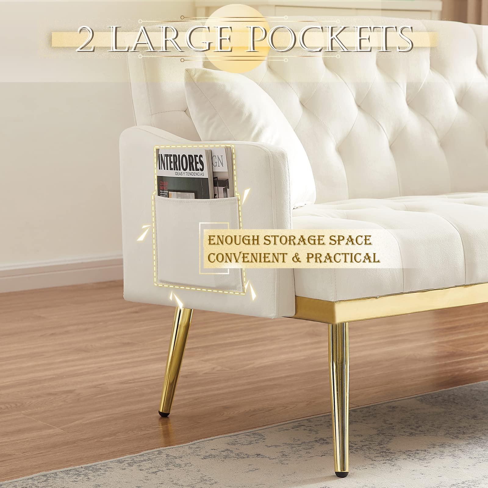 Antetek Upholstered Velvet Loveseat Sofa, Modern Small Sofa Couch with Side Pocket and Golden Metal Legs, Tufted Leisure Sofa for Living Room, Bedroom, Office, Small Space, Light Beige