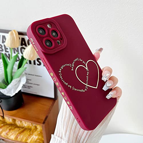 Ankofave iPhone 12 Pro Max Case for Women, Gold Plated Letter & Double Heart Design, Soft Shockproof Camera Lens Protection - Red Wine
