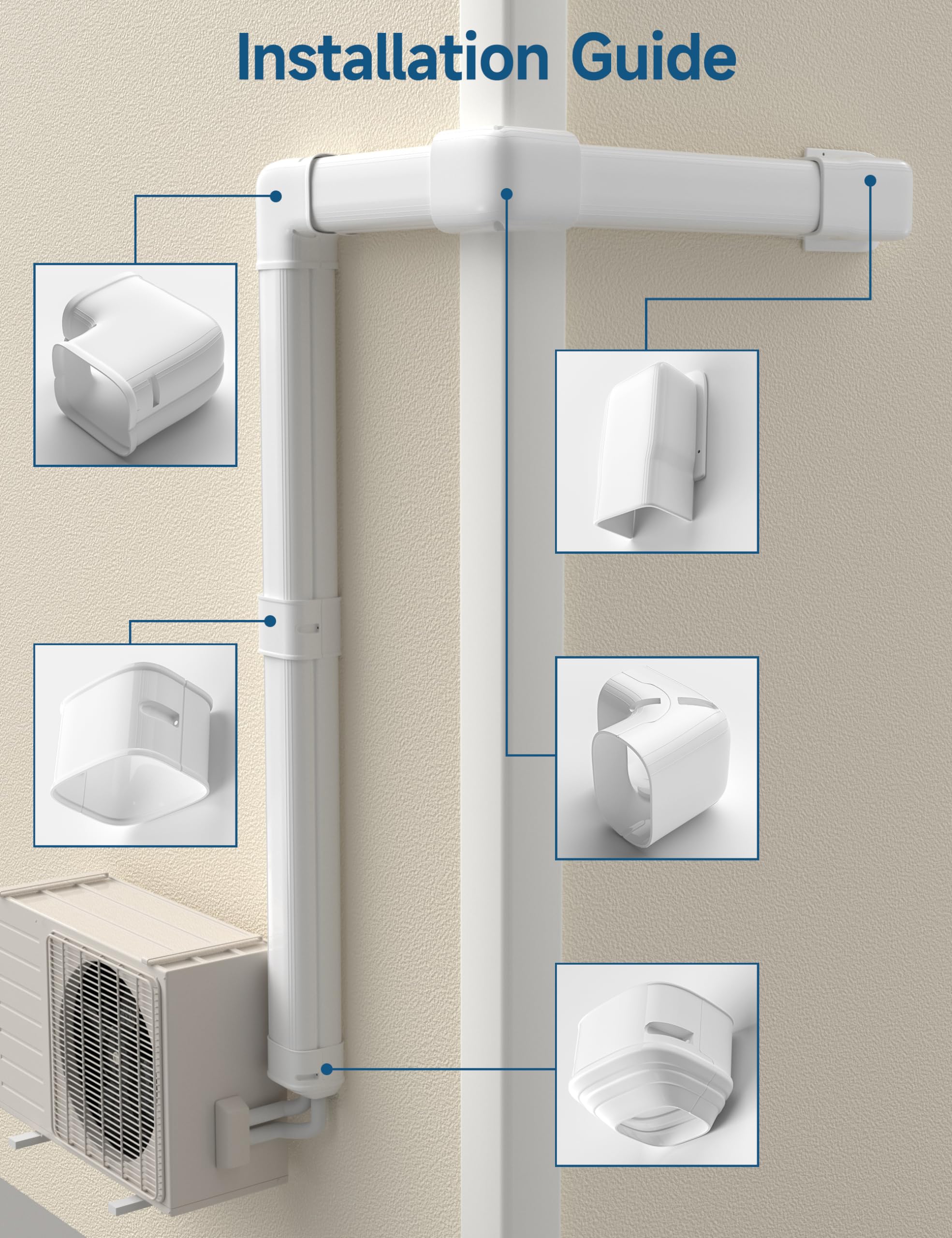 4" 7.5Ft Mini Split Line Set Cover Kit, PVC Decorative Line Set Cover for Mini Split Air Conditioners, Central AC and Heat Pumps