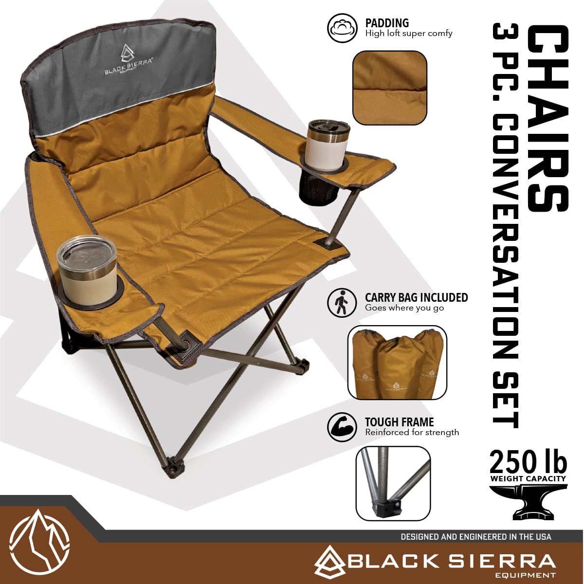 3 Piece Campfire Conversation Set for Camping, Patio, Hunting, Beach, Outdoor- Camping Folding Padded Loveseat with Deluxe Comfort Chairs- Set- Folding Set for Festivals, Beach, Camping