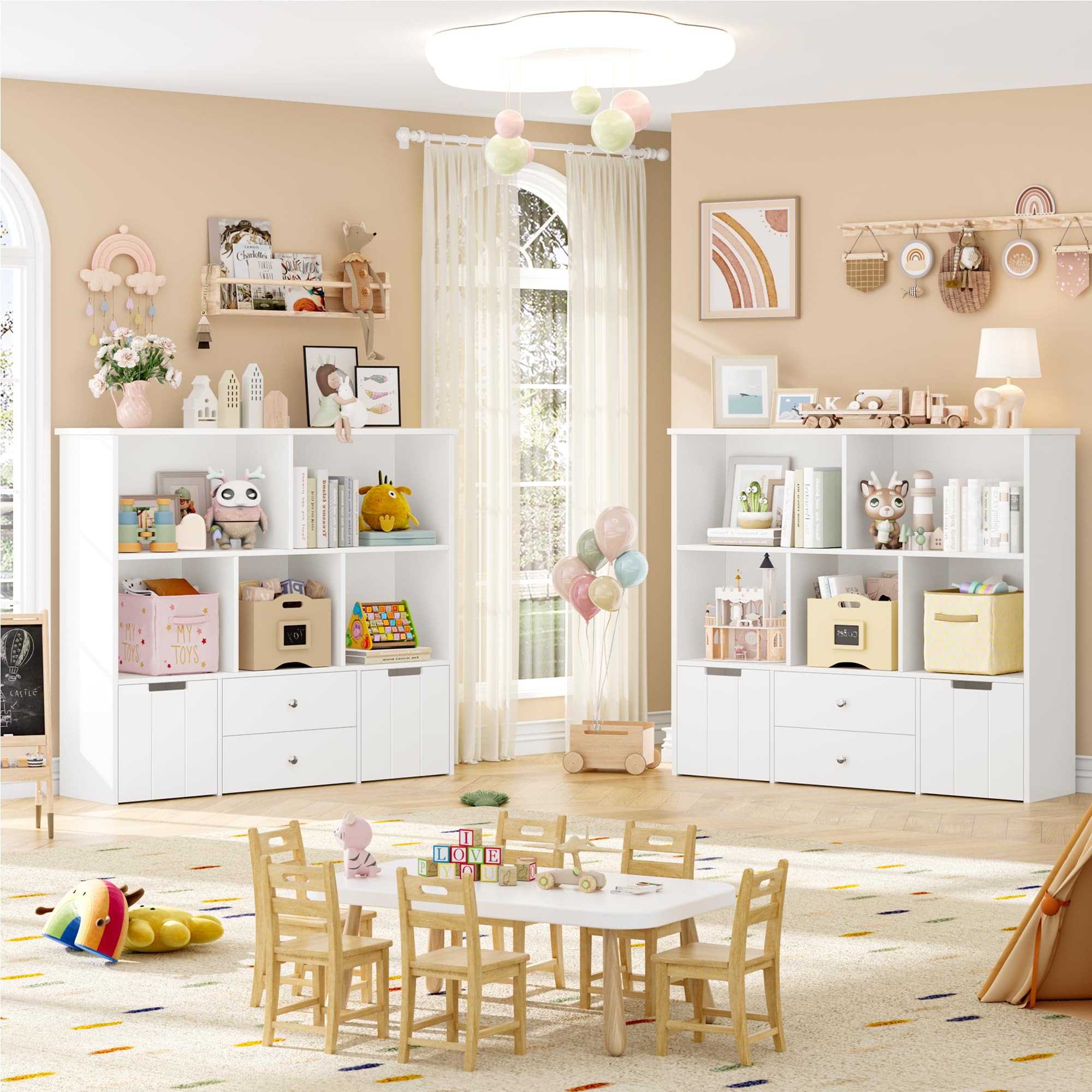 FOTOSOK Toy Storage Organizer with 4 Drawers, Toy Organizers and Storage with Concealed Wheels and 5 Storage Cubbies, Multifunctional Storage Chest Storage Organization, Playroom Furniture, White