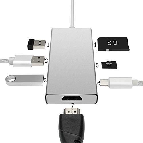 XUNMAIFHB Portable Docking Station,Type-c to hdmi Converter 4K Docking Station USB3.0 Converter Seven in one HUB Type C (only Charg) + USB3.0 3 + HDMI + TF + SD Fast Transmission
