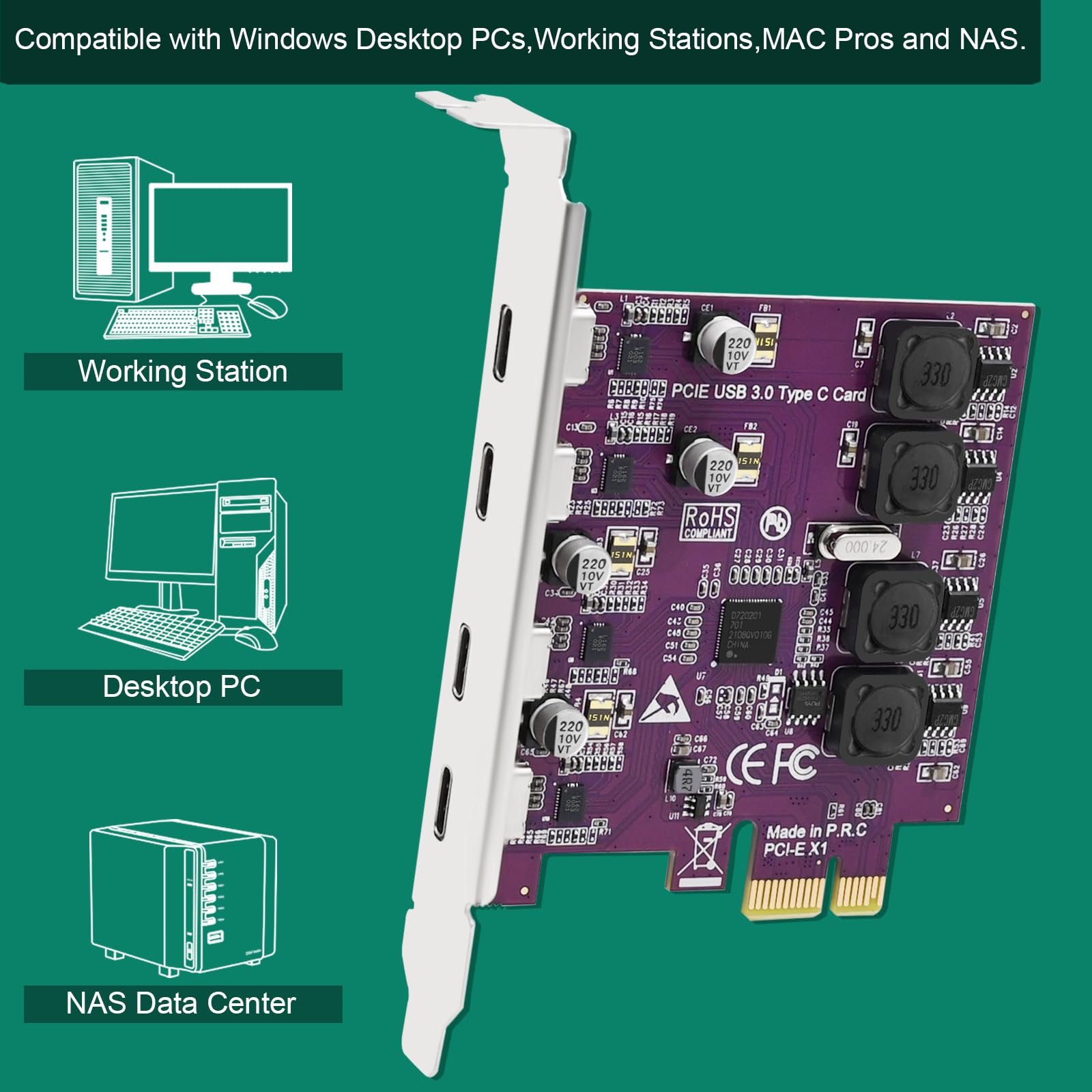 FebSmart 4X 5Gbps USB-C Ports PCI Express USB 3.0 Expansion Card for Windows 11, 10, 8.x, 7, Vista, XP Desktop PCs, Built in Self-Powered Technology, No Need Additional Power Supply (FS-U304C-Pro)