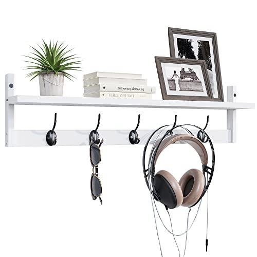 BAMEOS Wall Hooks with Shelf Entryway Wall Hanging Shelf Wood Coat Hooks for Wall with Shelf Wall-Mounted Coat Hook Rack with 5 Dual Hooks for Bathroom, Living Room, Bedroom (White-with Shelf)