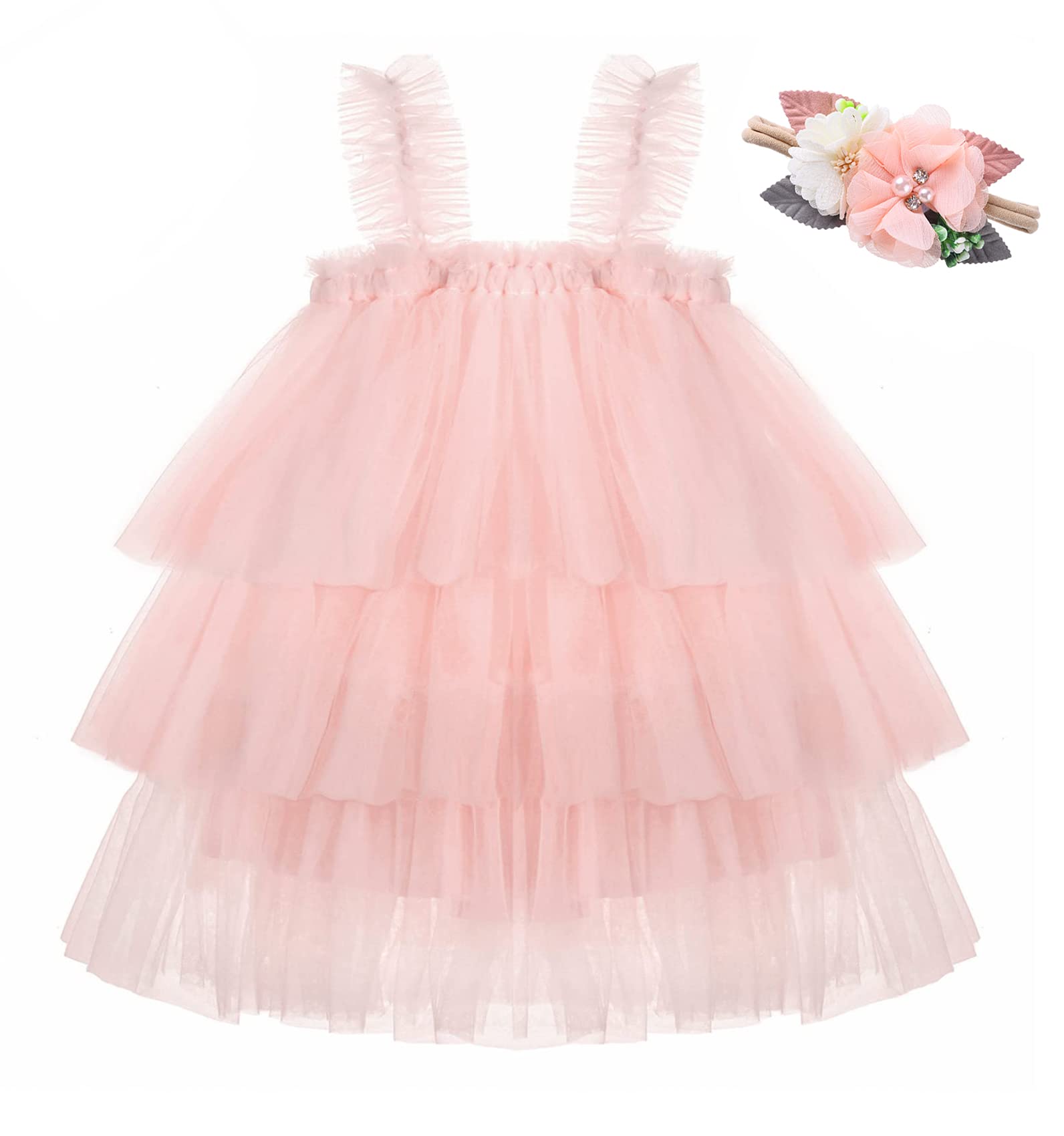 Baby Girls Toddler Tulle Tutu Dress Party Tutus Dresses with Headband Sleeveless Sundress 12 Months Blush Pink