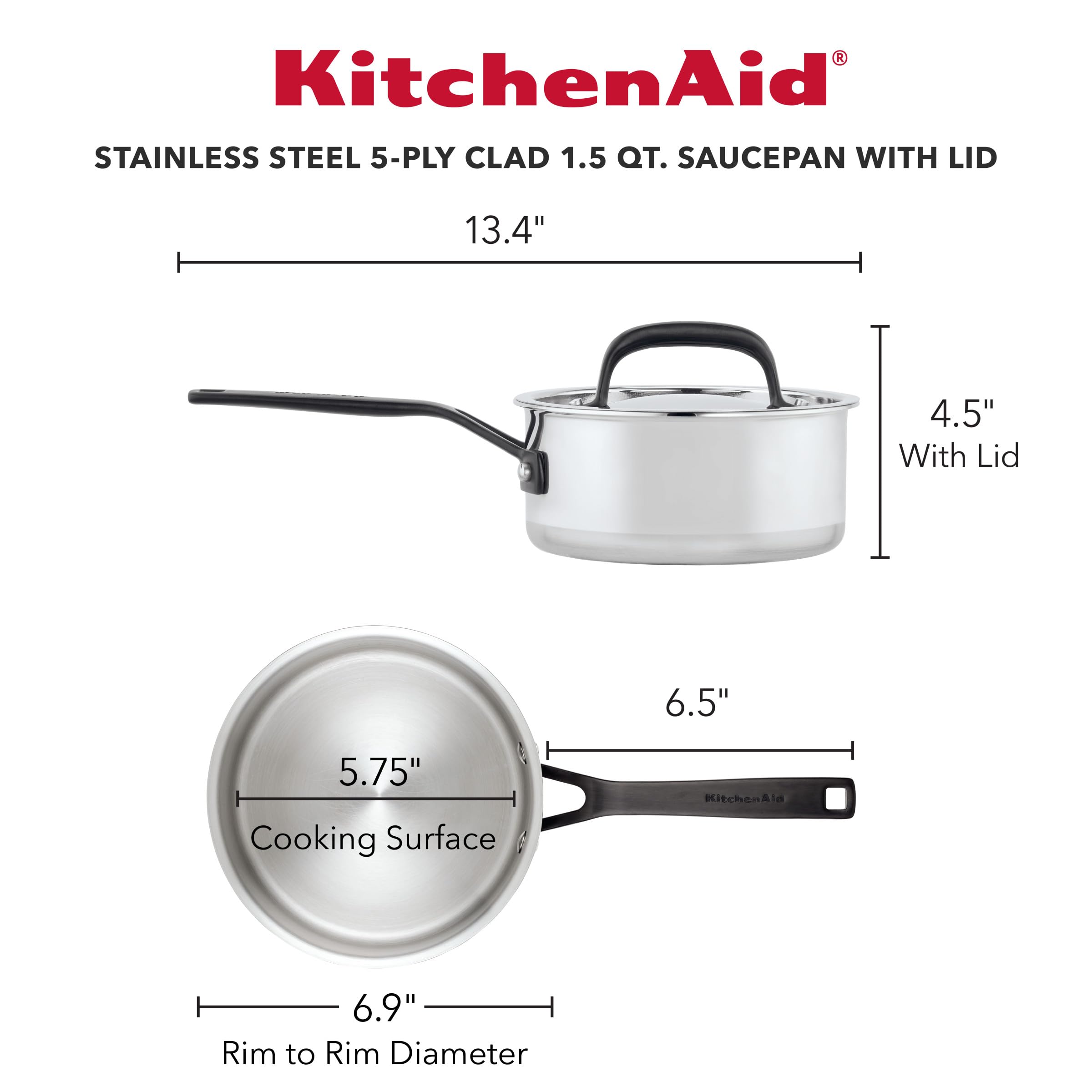 KitchenAid 5-Ply Clad Induction Sauce Pan with Lid, 1.5 Quart, Polished Stainless Steel