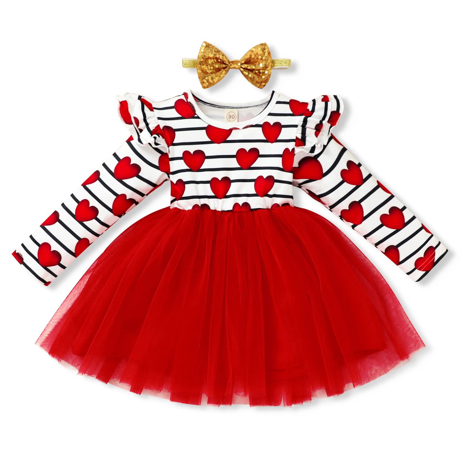 Baby Girls Valentine's Day Outfits Long Sleeve Stripe Heart Print Tutu Skirts Ruffle Dress Toddler Girl Clothes(Red,5-6T)