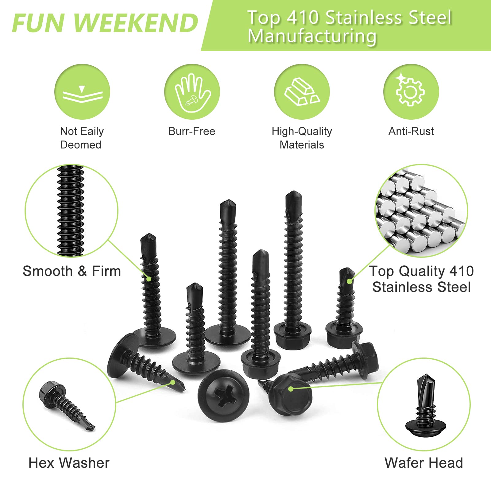 370pcs Self Tapping Screws, 8# Self Drilling Screw, Hex Washer & Modified Truss Head Self Tapper, 410 Stainless Steel Self Screws for Sheet Metal & Building Material, 1/2'' to 1-1/4'', Black Oxide