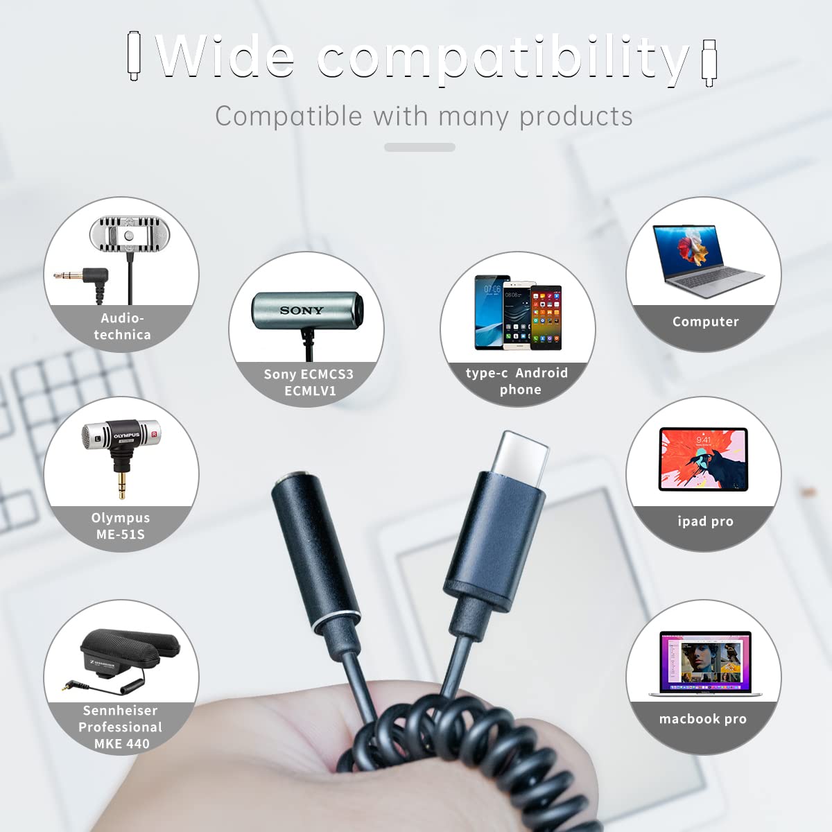 WKWZY USB-C to 3.5mm TRS-Microphone-Adapter for Sony ECMLV1 Stereo-Lavalier and RODE VideoMicro Mono Microphone 24bit 192kHz High Sampling Input to Android Phones