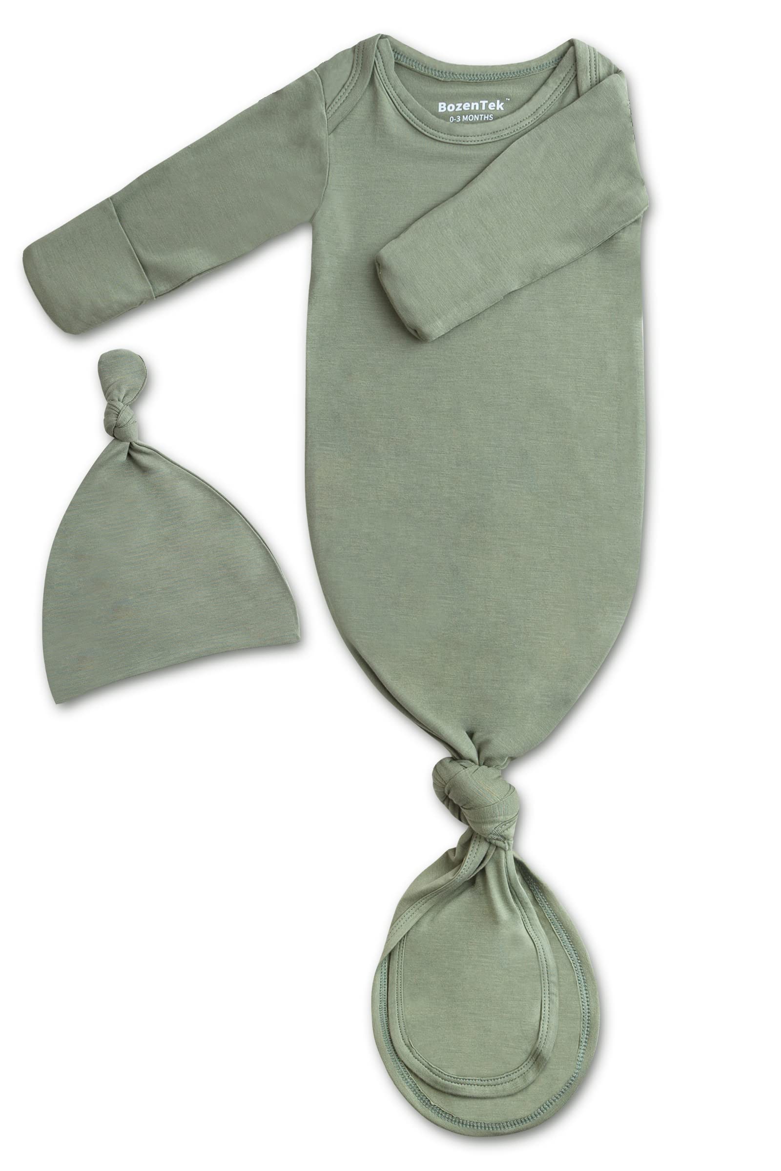 Baby Knotted Gown with Hat Set for Newborn Boy Girl, Ultra Soft Tie Gown with Mitten, Long Sleeve Infant Sleeper 0-3 M Grey Green